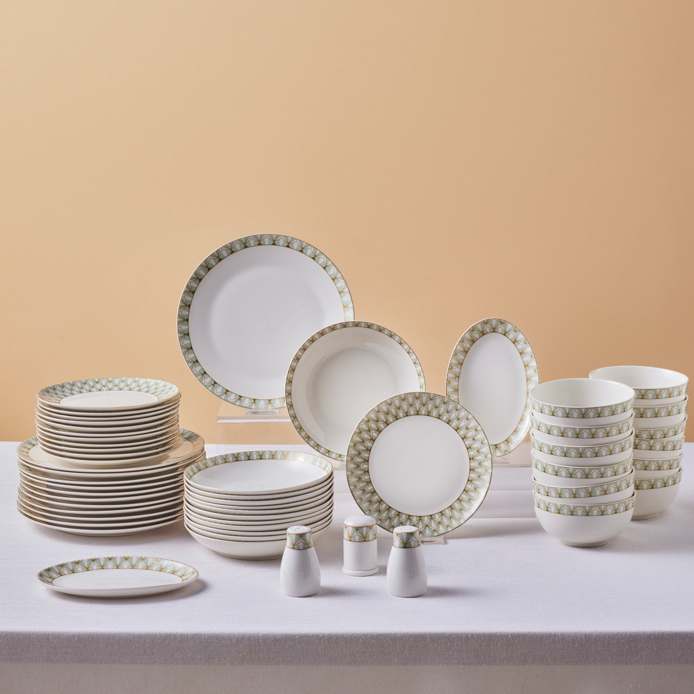 Karaca Forever Bone Emerald, 53-Piece Dinnerware Set for 12 People
