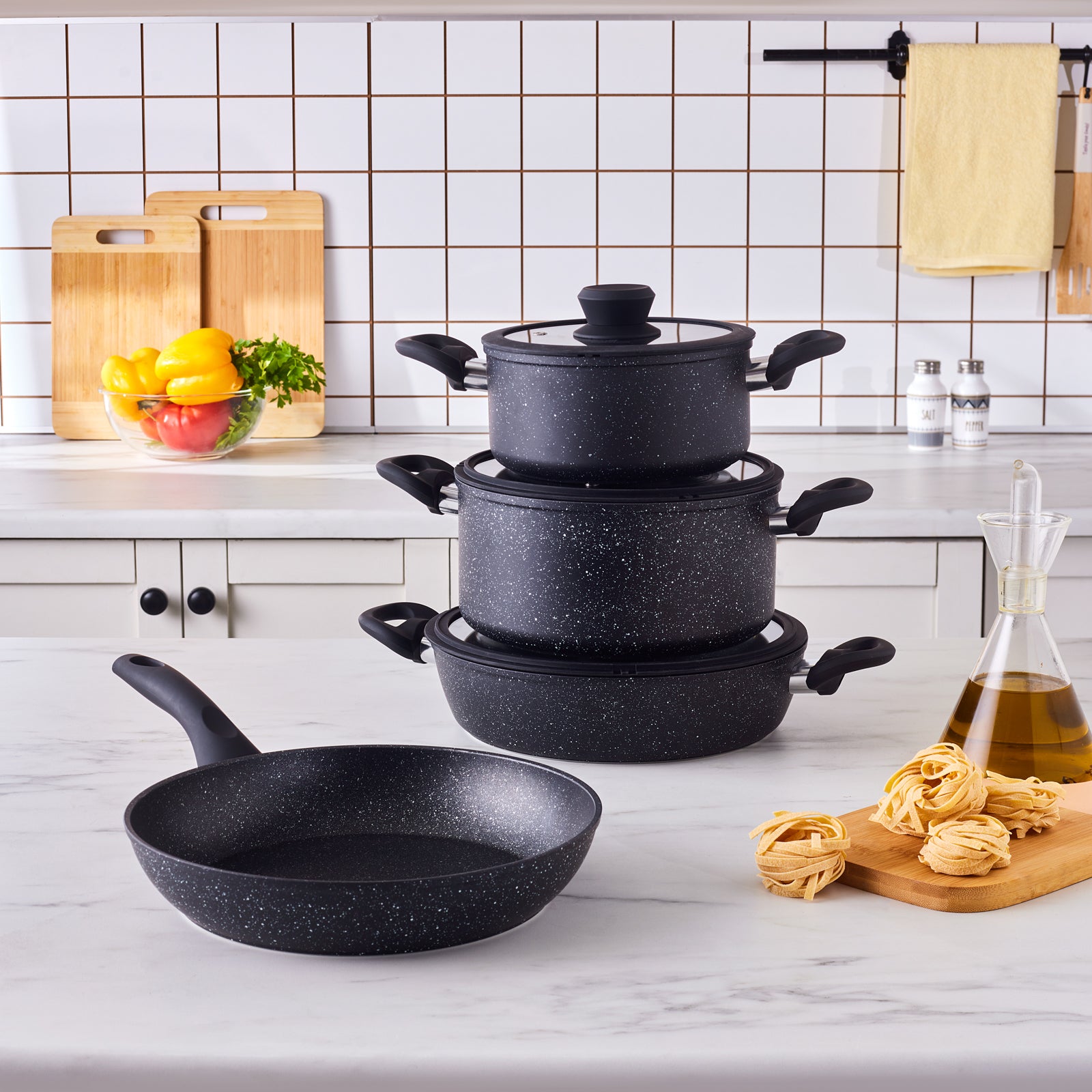 Karaca Nebula, Granite 7-Piece Non-Stick Induction Cookware Set, Black