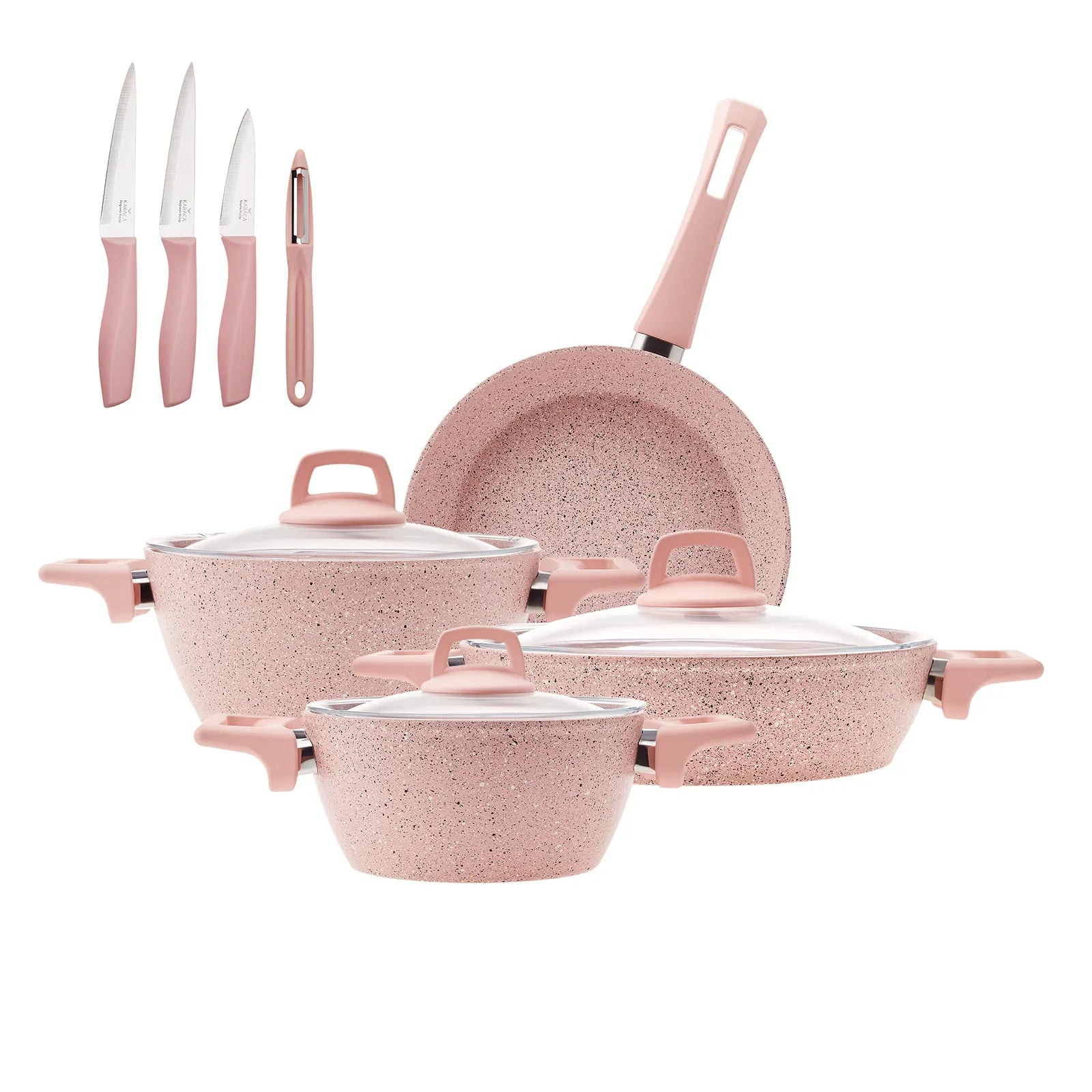 Karaca Biogranit Stella Pink 11 Piece Cookware Set with Knife Set