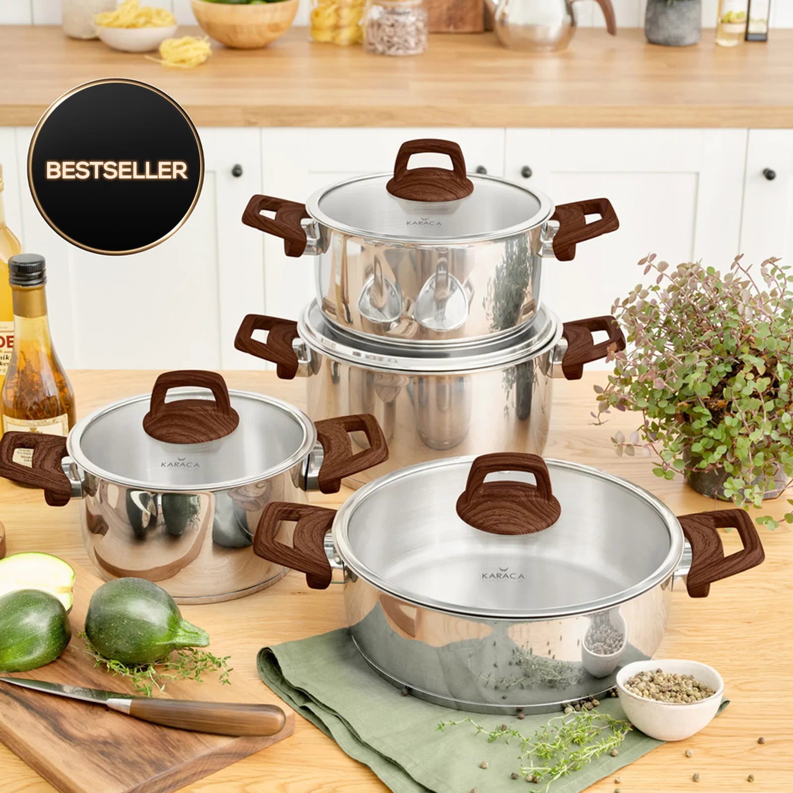 Karaca Silva 8 Piece Steel Cookware Set Wooden